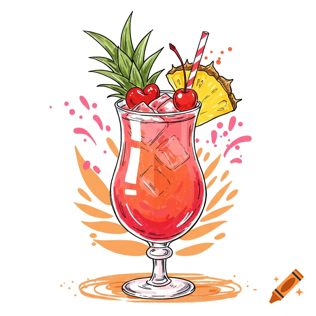 A stylized sketch of a tropical cocktail with pineapple and cherries ...