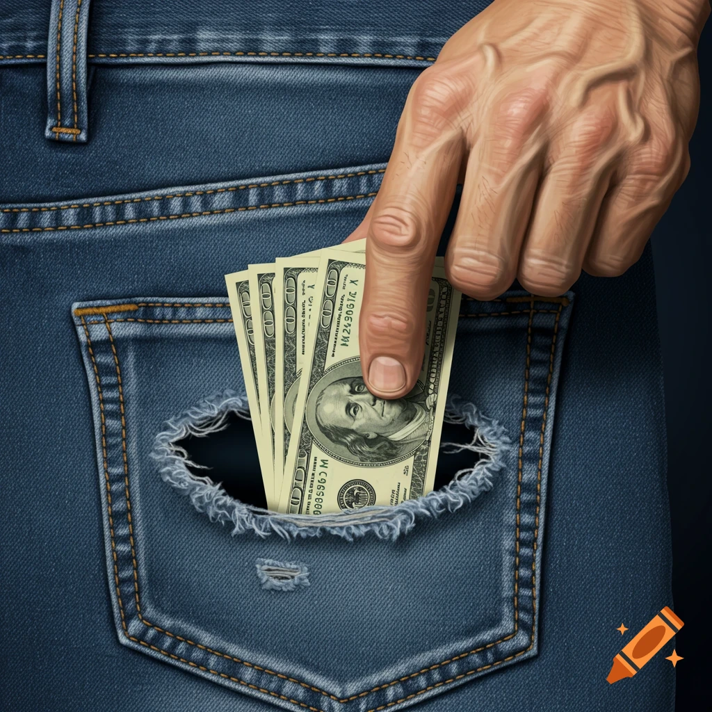 Hand losing money through a hole in pocket on Craiyon