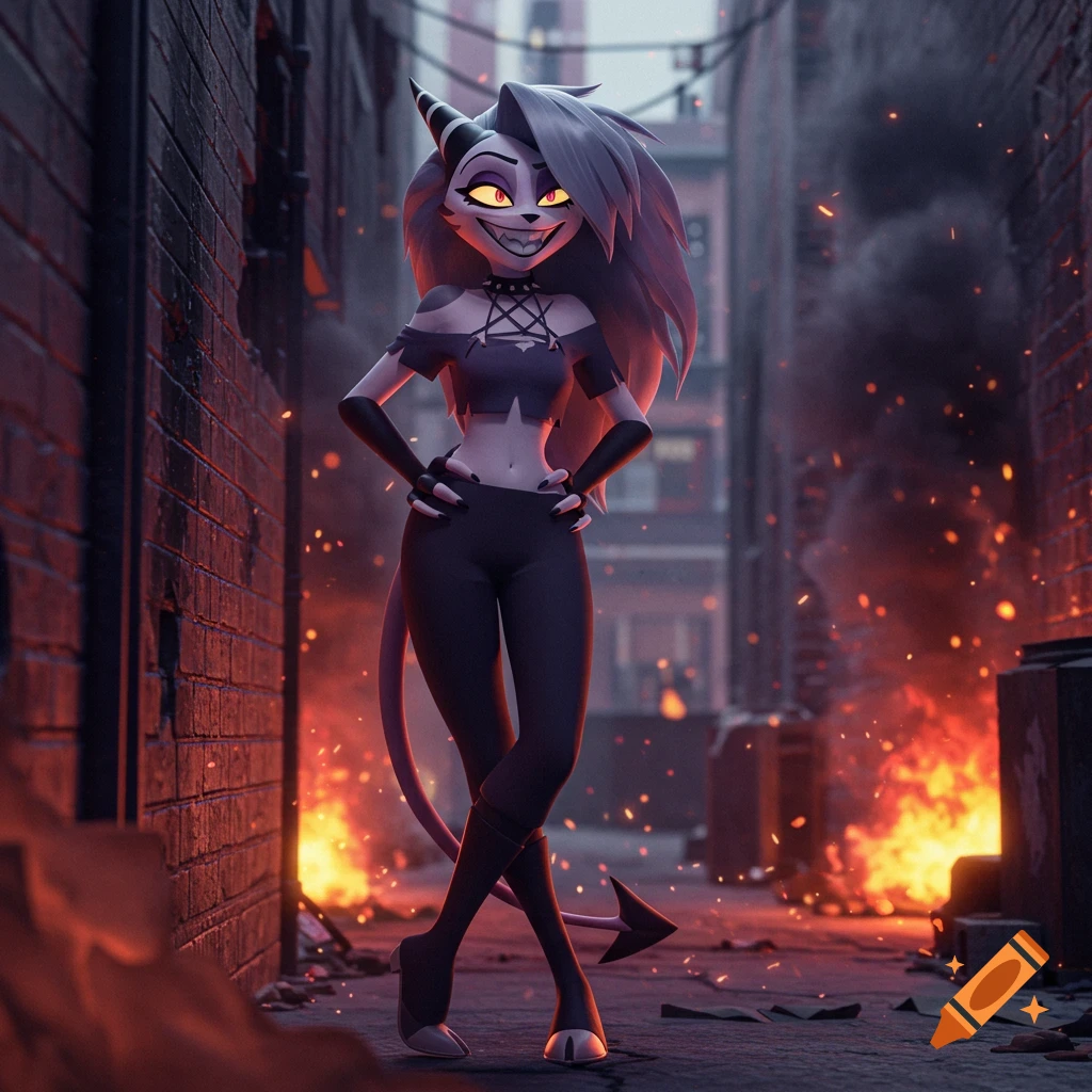 Stylized demon character with horns and tail stands in a dark alley ...