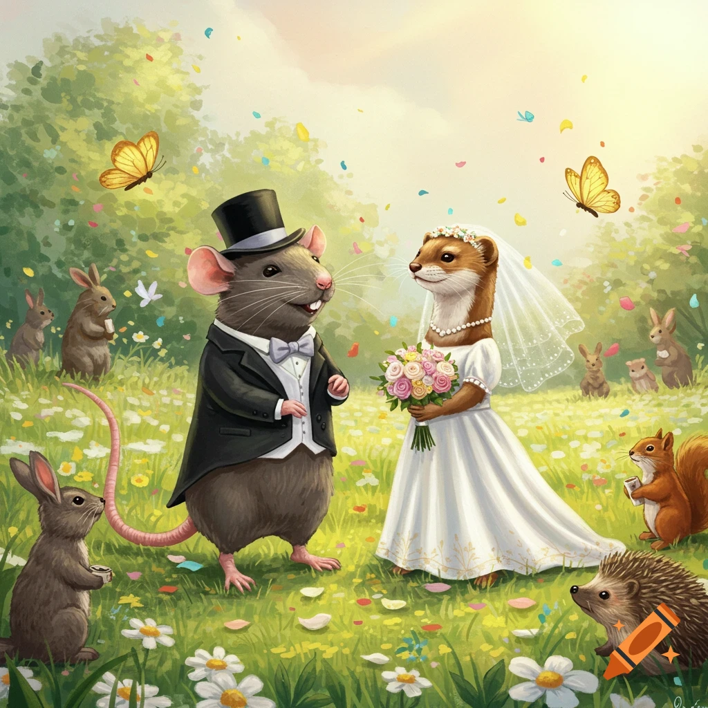 Anthropomorphic cats getting married in a garden with butterflies and ...