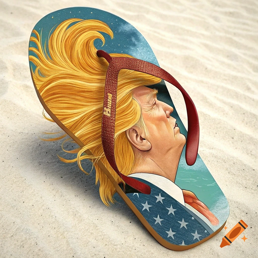 A flip flop featuring a caricature of Donald Trump with wavy hair, on ...