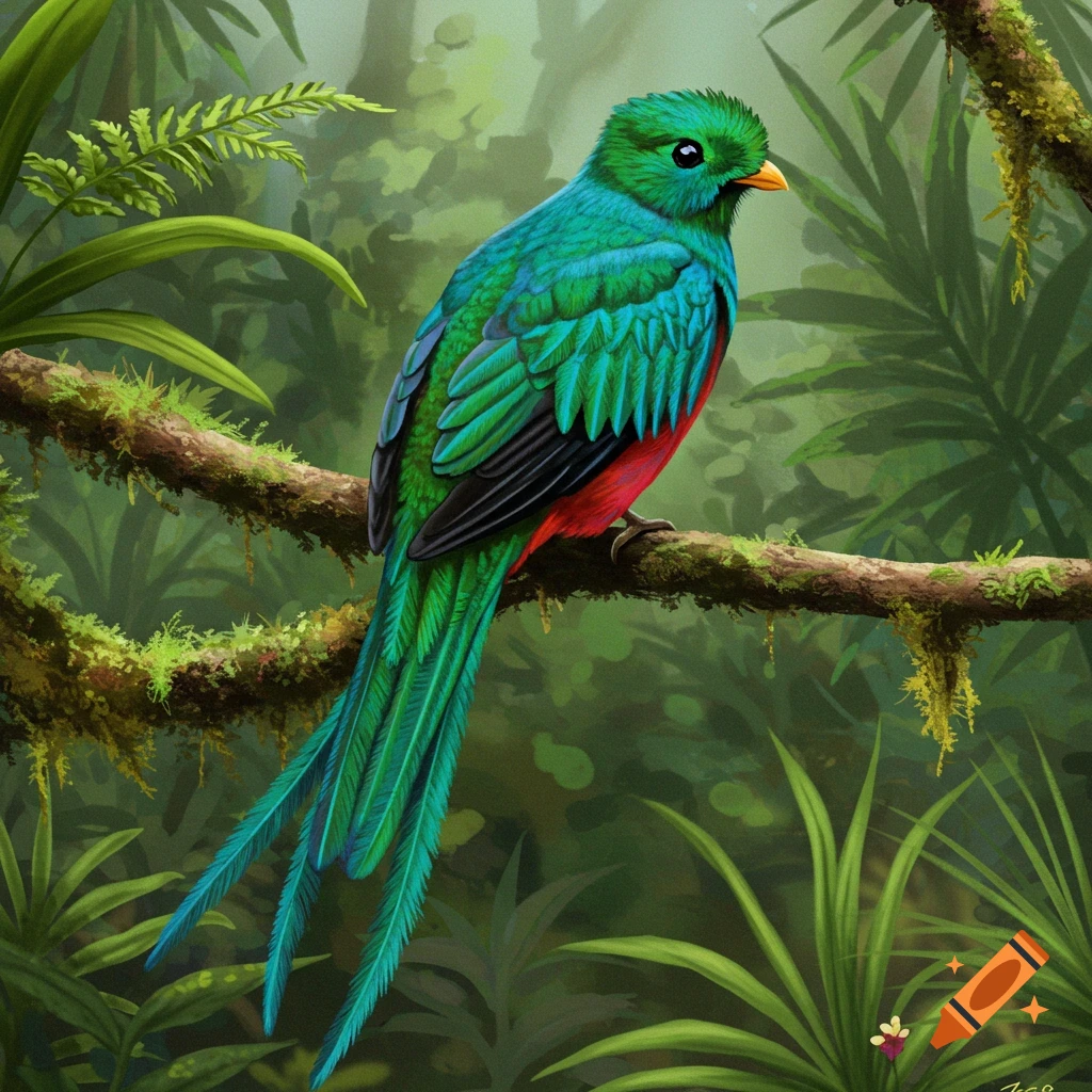 A colorful quetzal bird perched on a mossy branch in a lush jungle. on Craiyon