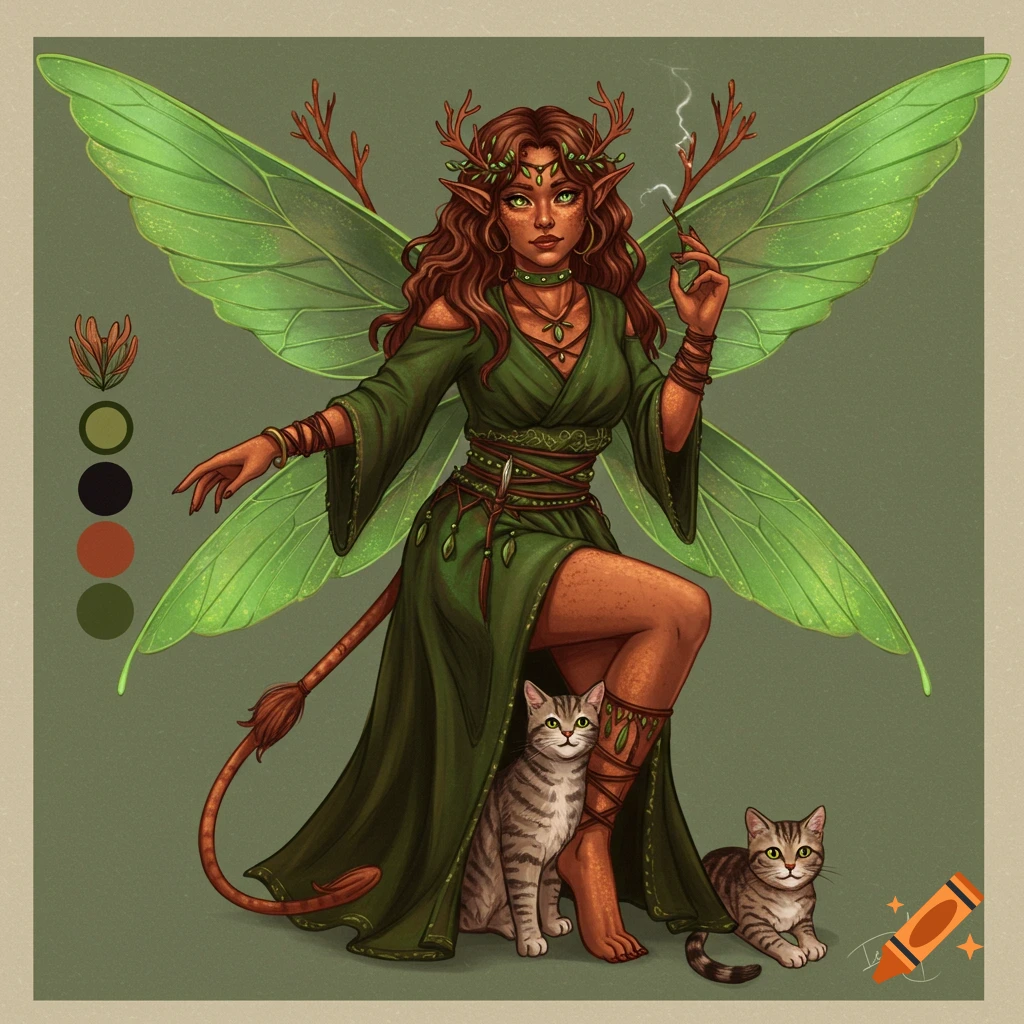 Juxera half fairy with copper skin, brown hair, green eyes, and green ...
