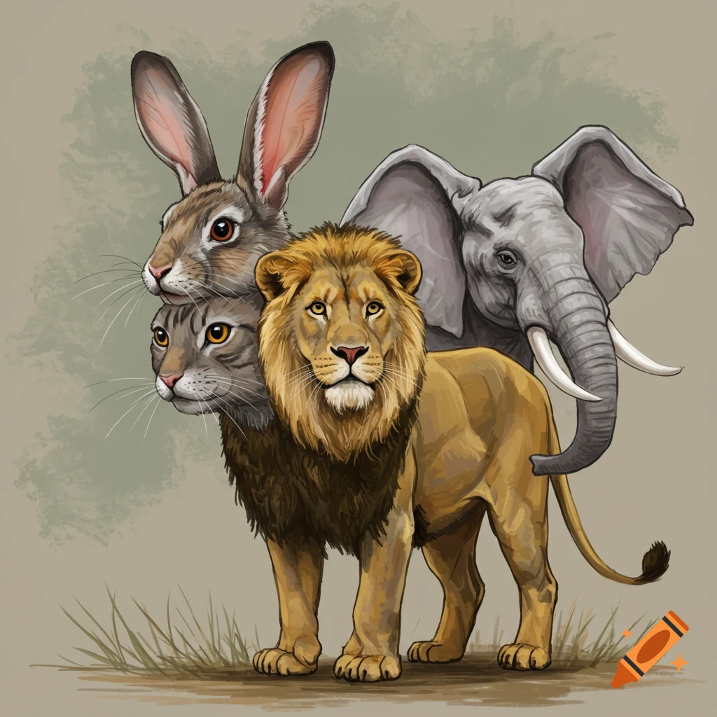 Imaginary animal with rabbit head, cat body, lion paws, dinosaur tail ...