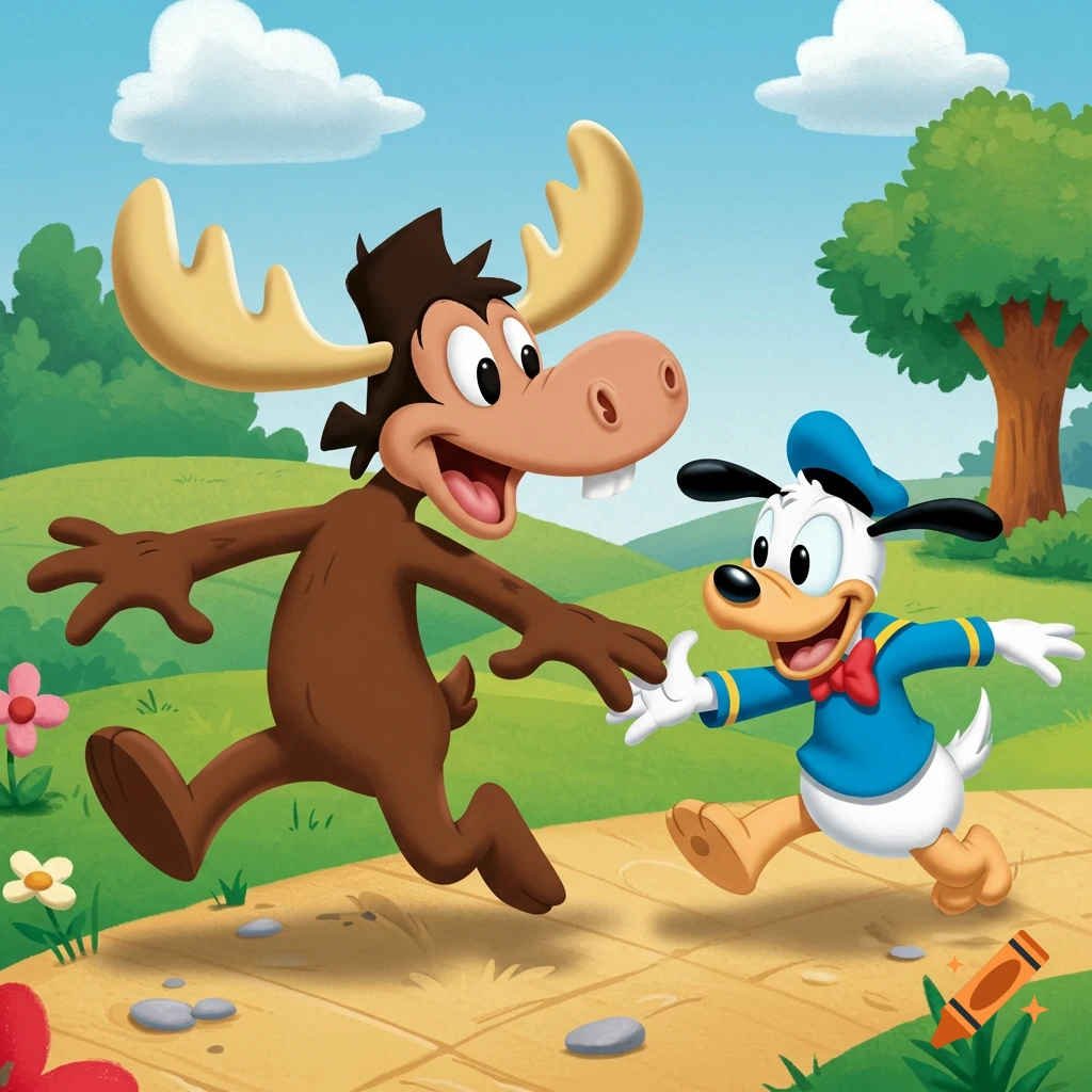 Two cartoon characters, a moose and a dog, run towards each other in a ...