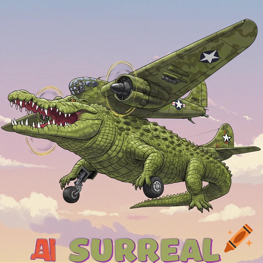 Absurd cartoon of a crocodile fused with a bomber plane on Craiyon
