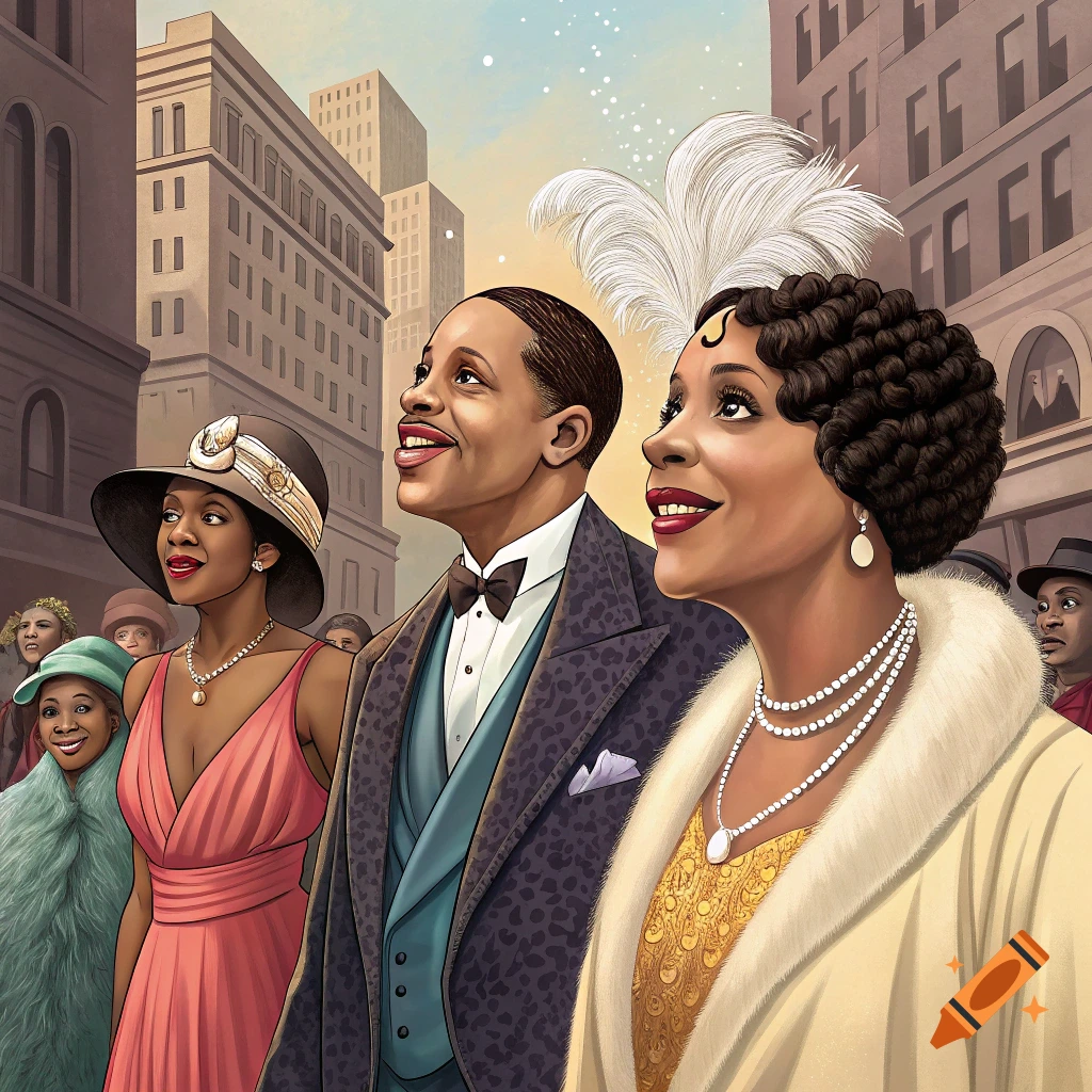 Illustration of three people in 1920s fashion looking up on a city ...