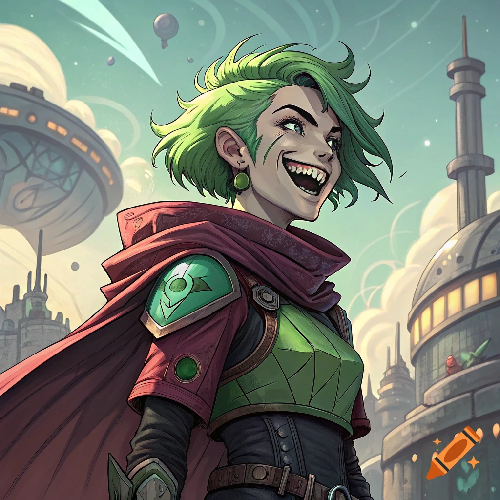A smiling green-haired character in a red cape and green armor stands ...