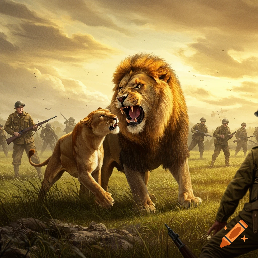Lion roaring at another lion in a field with WWII soldiers on Craiyon