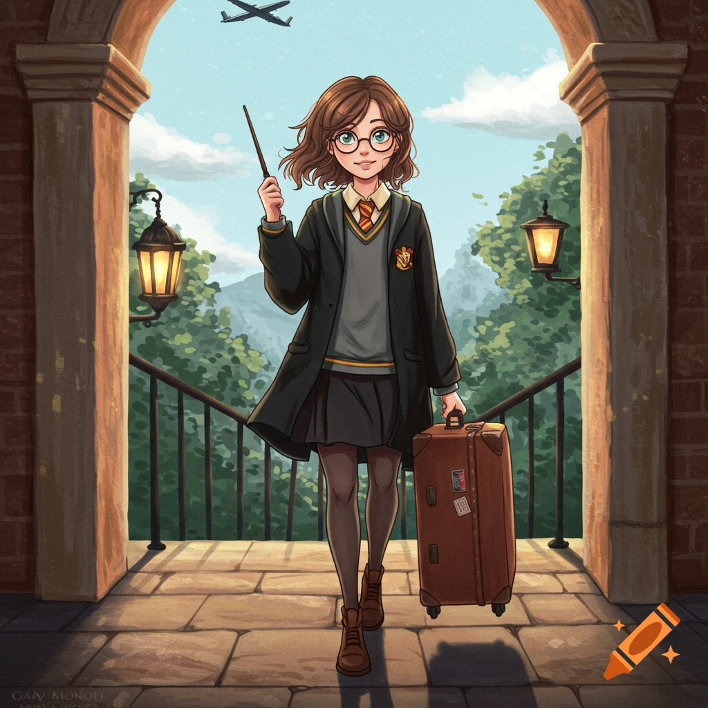 A young girl in a Harry Potter uniform holds a wand and suitcase under ...