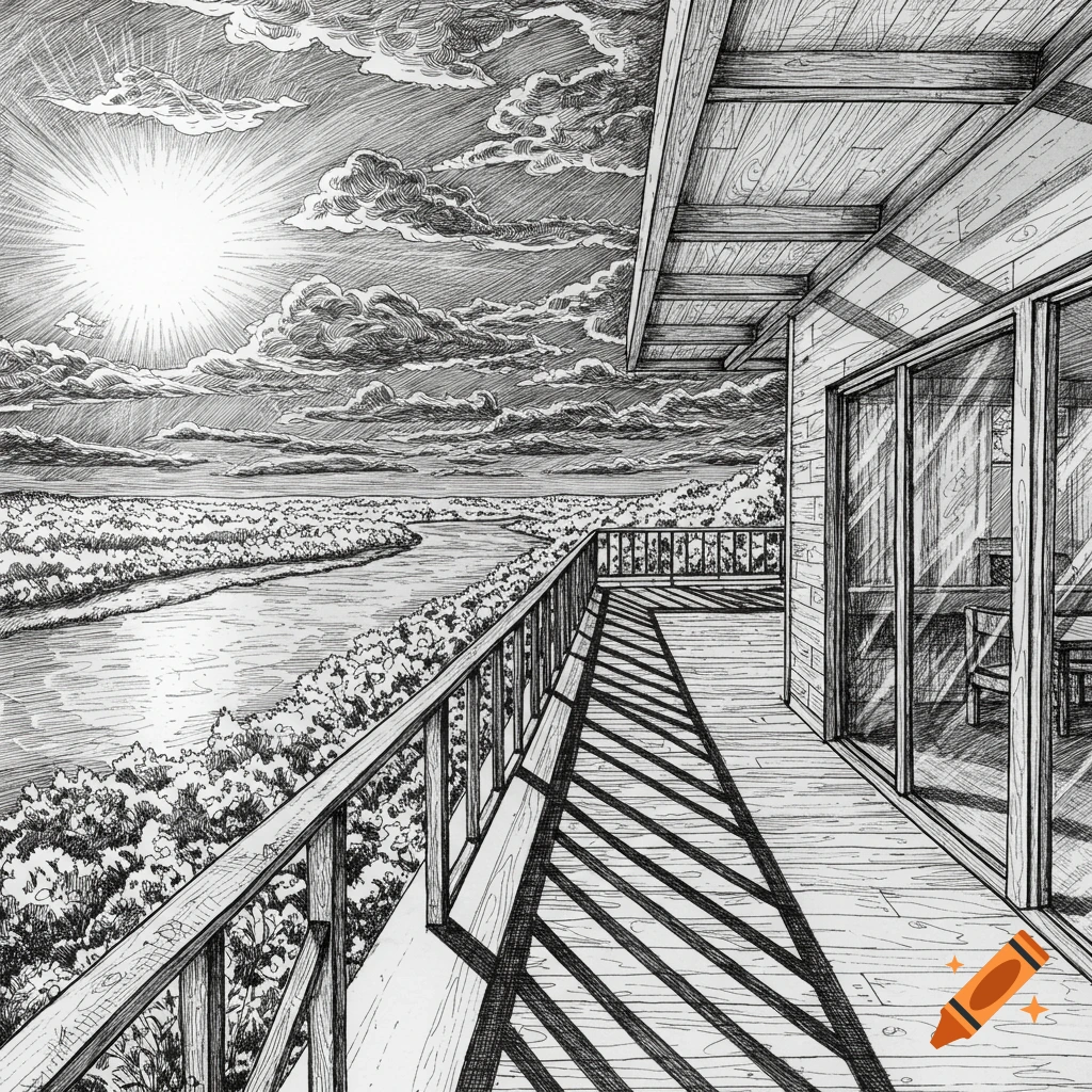 Black and white illustration of a view from a wooden balcony ...