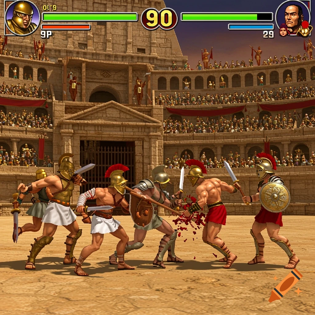 PS1-style video game graphic of gladiators fighting in a Roman arena. on Craiyon