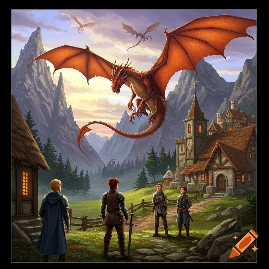 Medieval world with humans and dragons in Stonehaven village on Craiyon