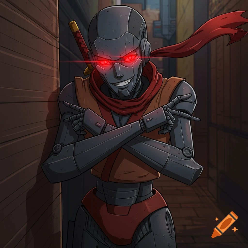 Robot ninja with glowing red eyes activating cloaking device in alley on Craiyon