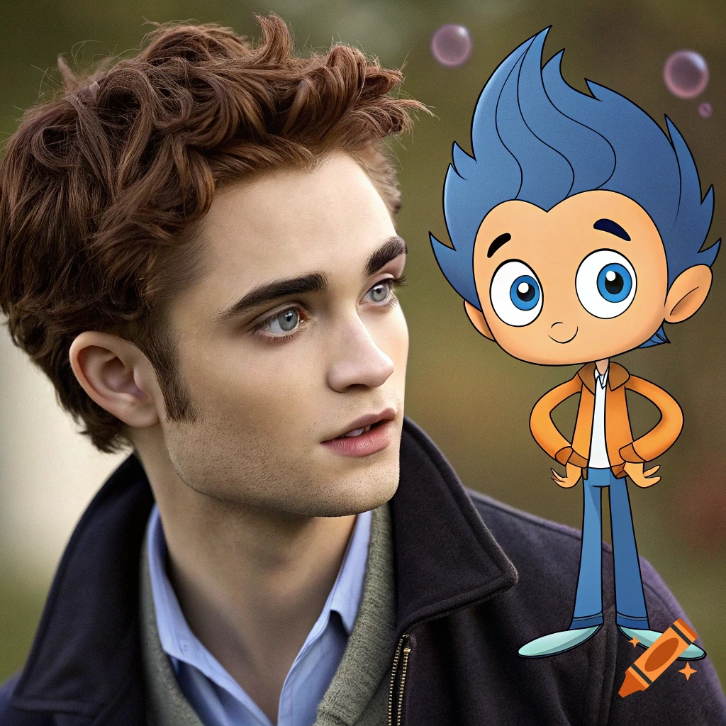 Realistic young man looking left next to a cartoon character with blue ...