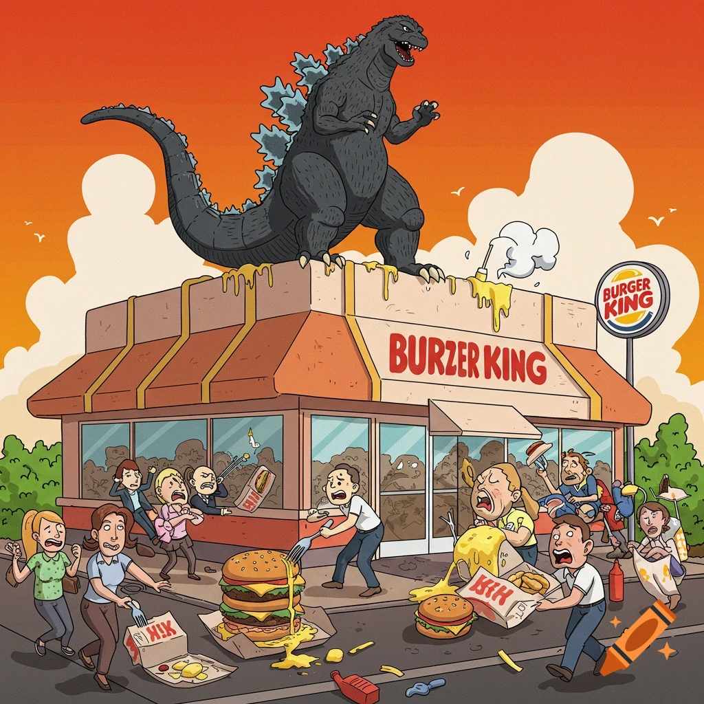 Burger King restaurant with Godzilla dancing on top, people eating ...