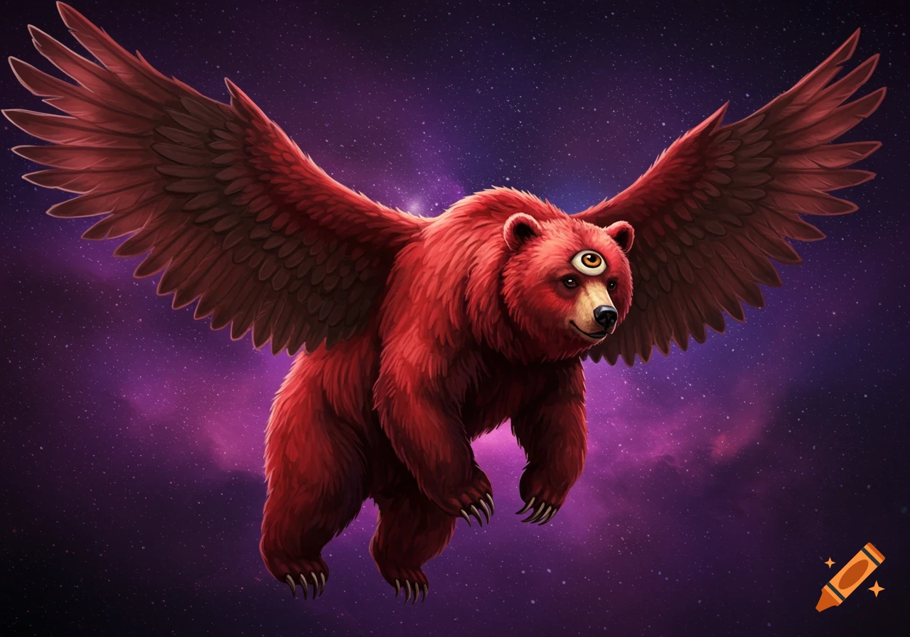 Flying red bear with feathers, one eye, bat wings, and beak on Craiyon
