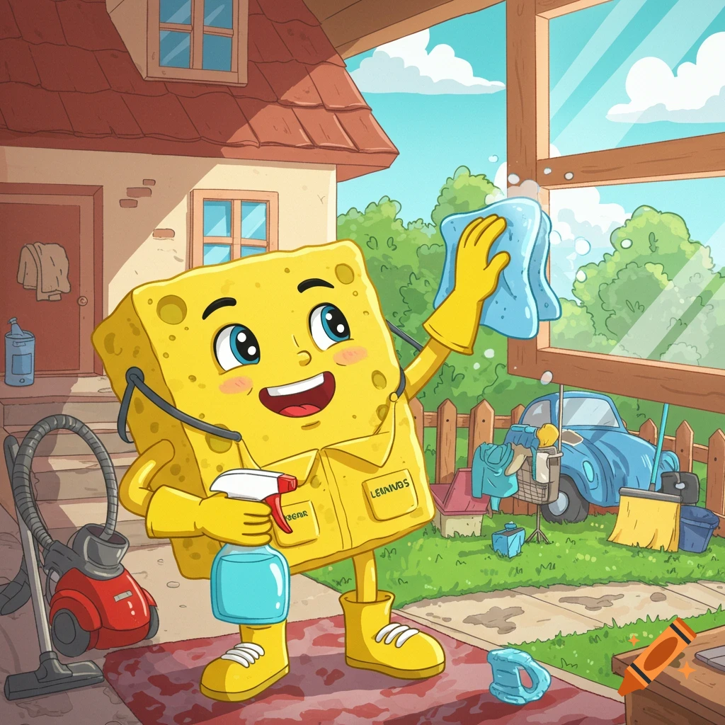 Cartoon sponge character in a jacket cleaning a window with spray ...