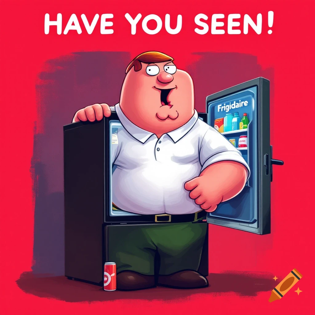 Cartoon of Peter Griffin emerging from a mini refrigerator with text ...