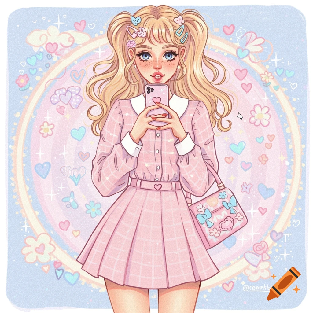 Cute young woman in a pink preppy outfit taking a selfie against a ...