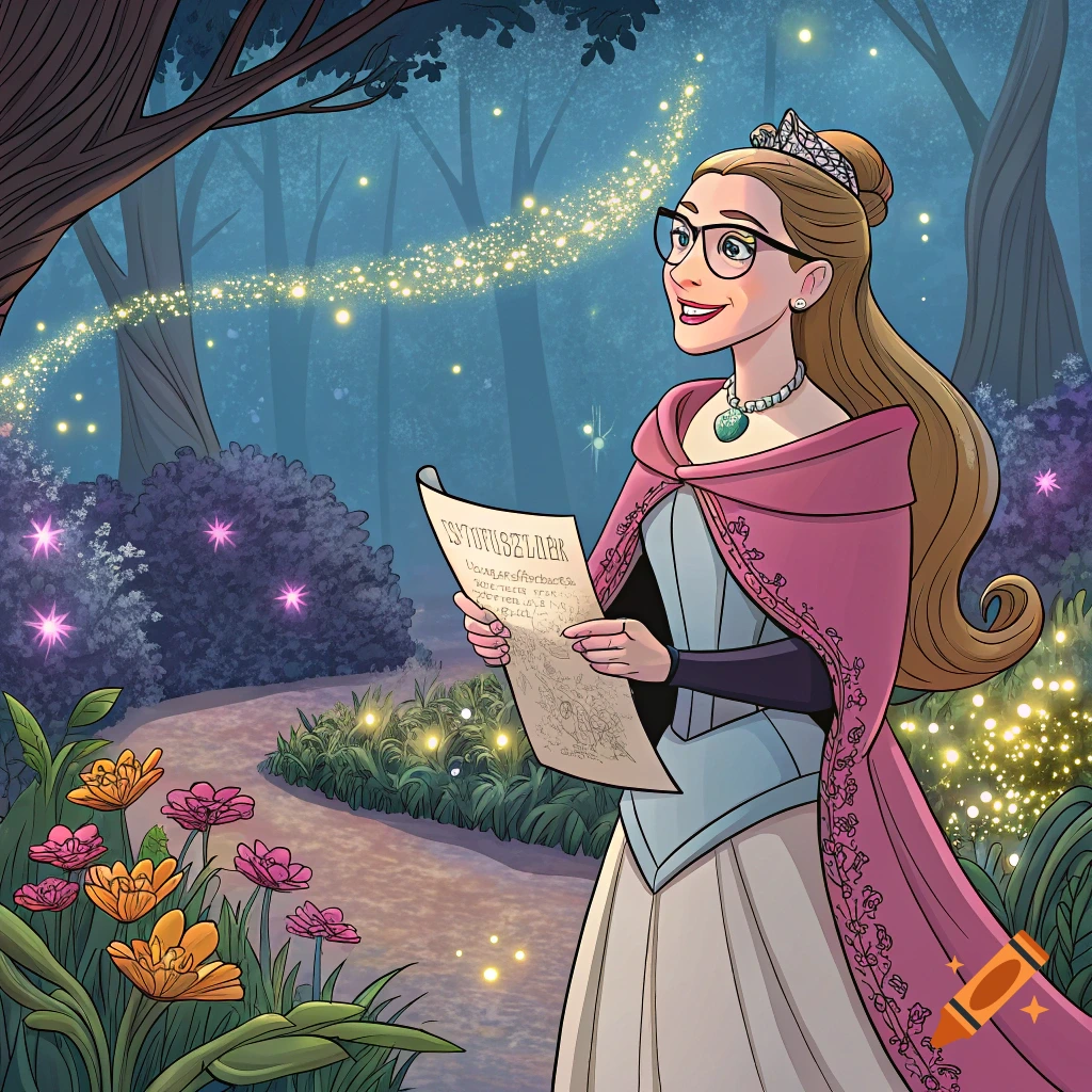Cartoon princess in a forest with glowing lights, holding a scroll. on ...