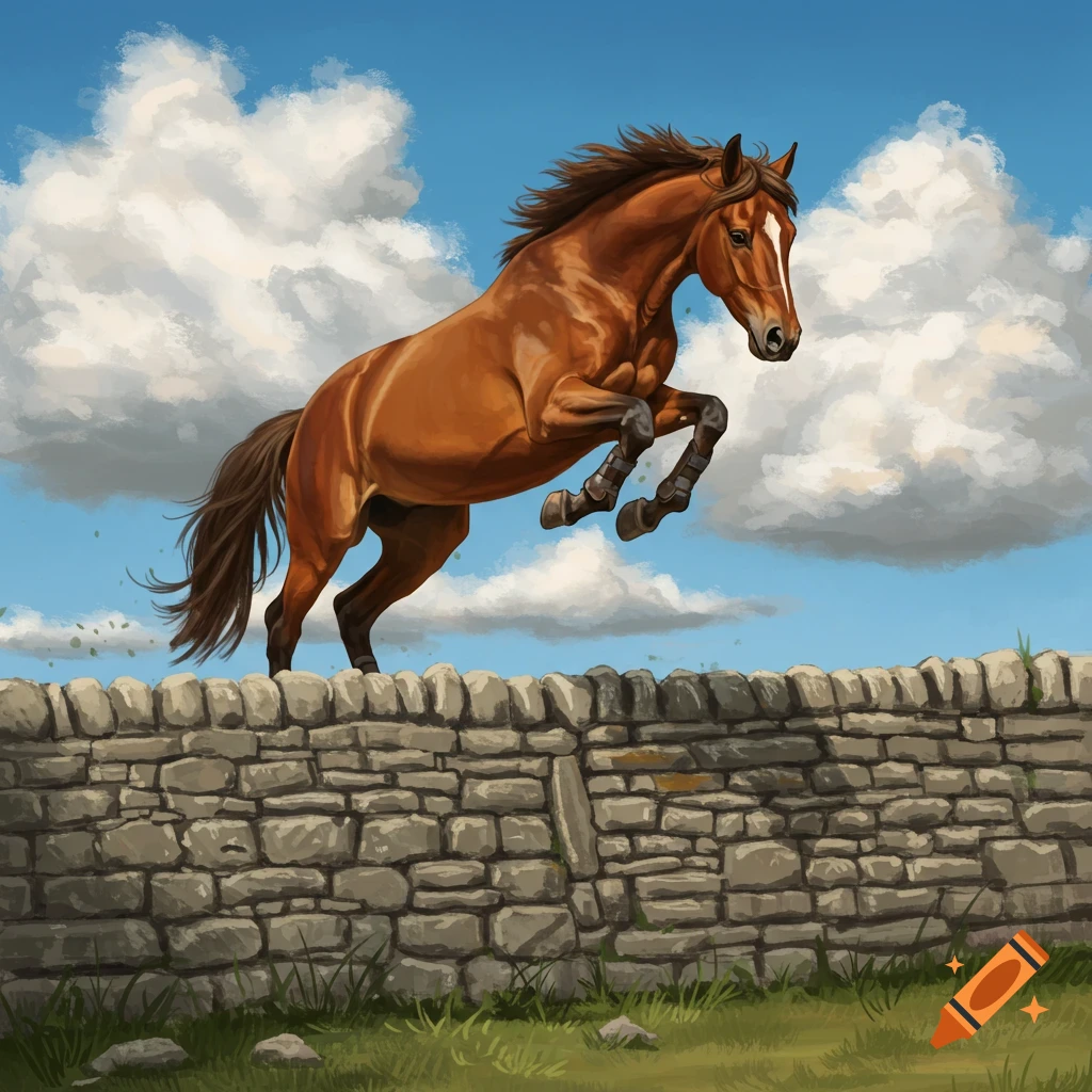 A brown horse jumps over a stone fence. on Craiyon