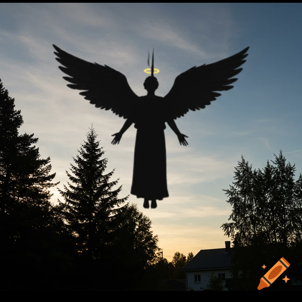 Angel in the sky with horn, hyperrealistic camera perspective on Craiyon