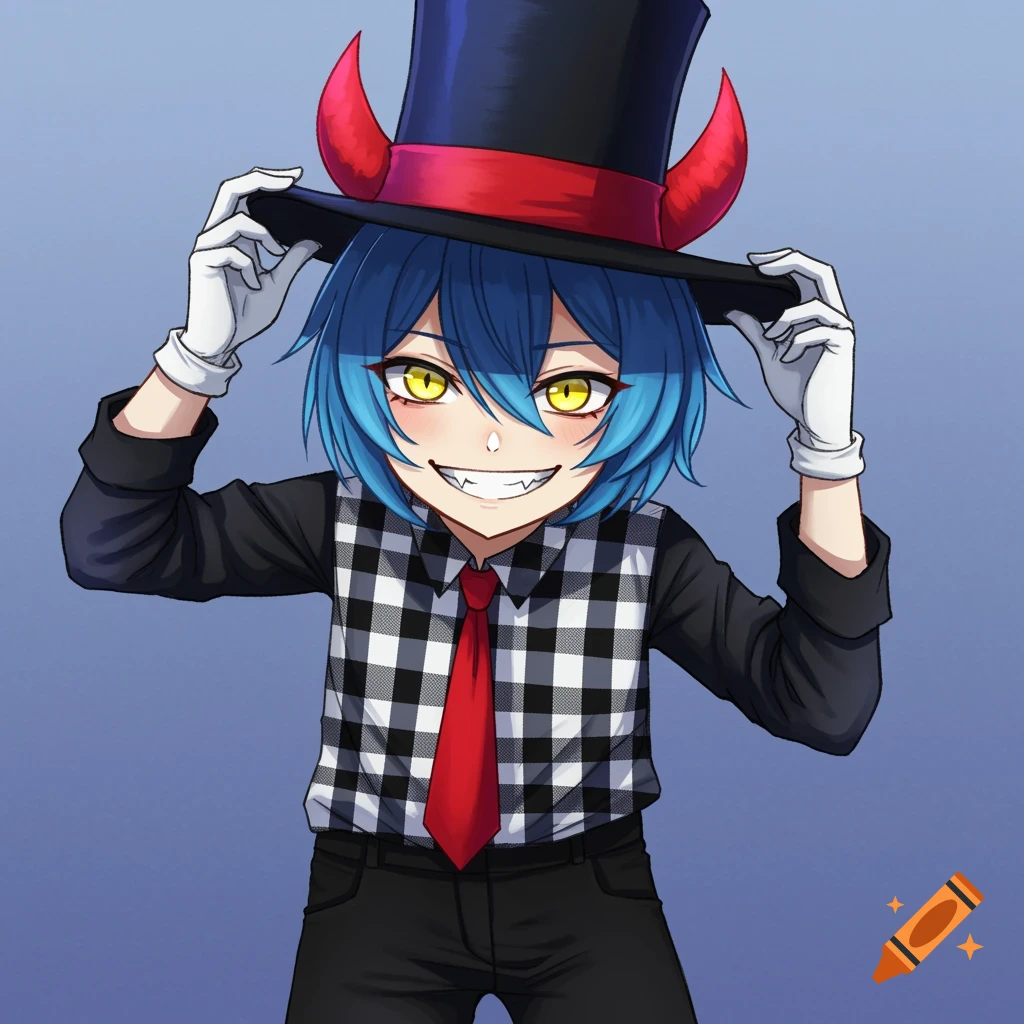 Illustration of a boy with blue hair, yellow eyes, and a cunning smile ...