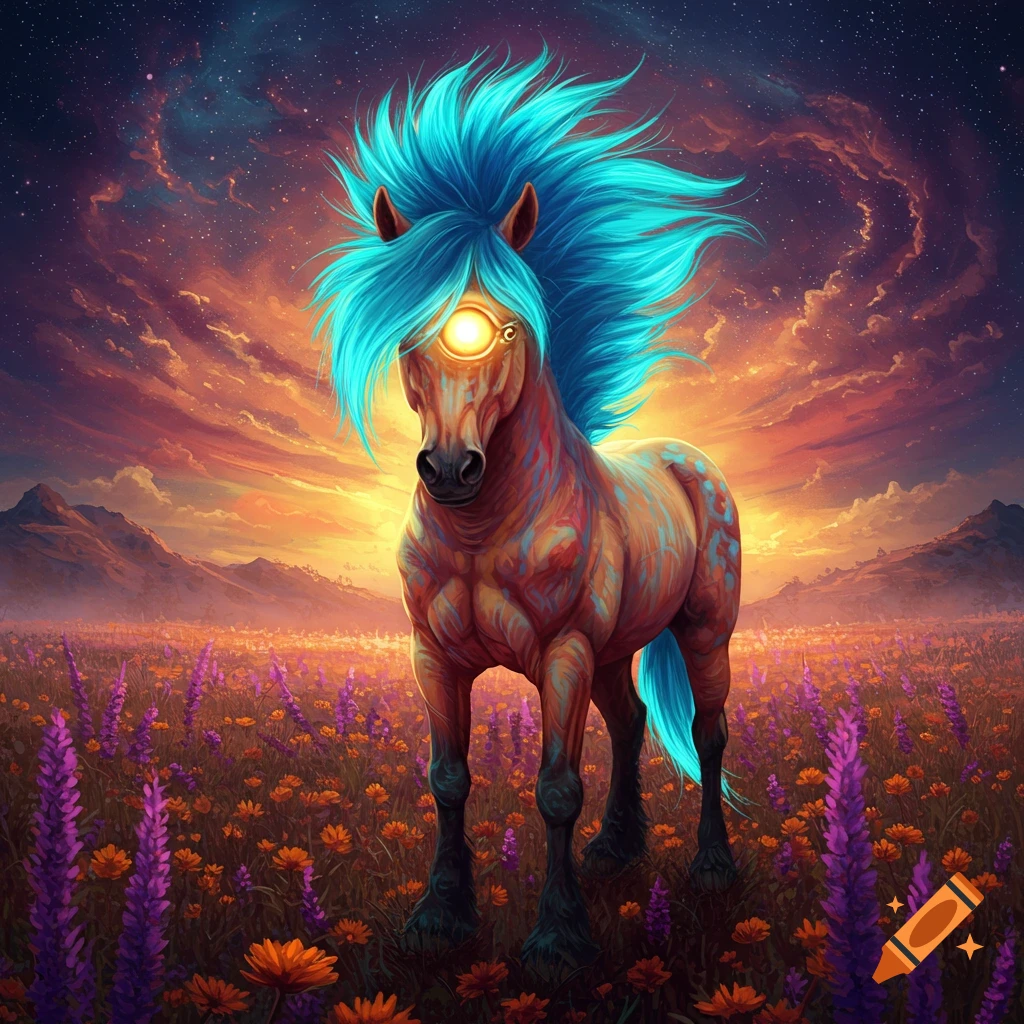 A red kirin with a black mane stands among clouds under a starry sky. on Craiyon