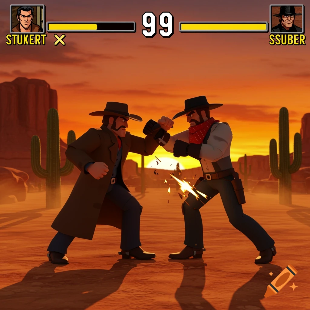 3D render in PS1 fighting game style showing two cowboys brawling in a ...