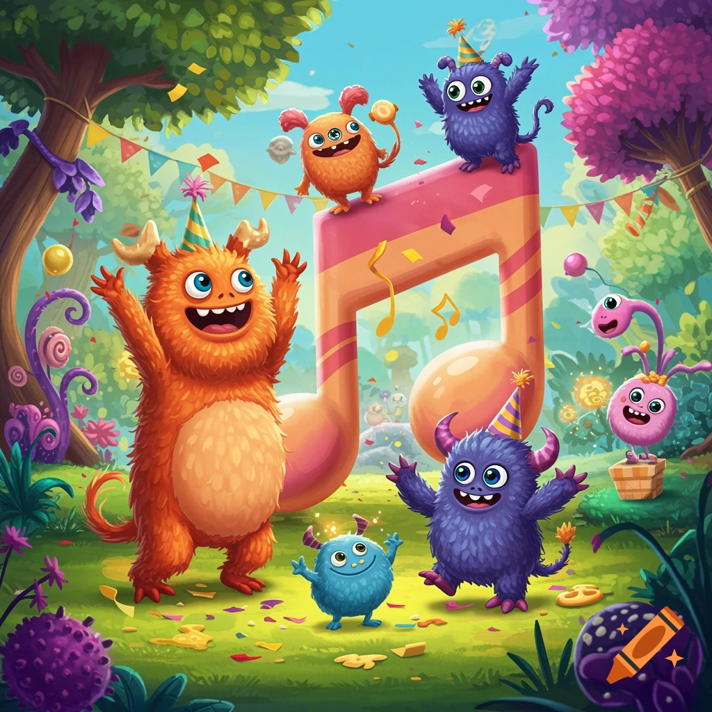 Cartoon monsters celebrate around a giant musical note in a colorful ...