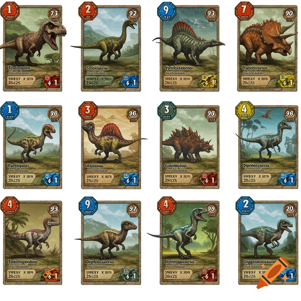 Dinosaur trading cards with statistics on Craiyon