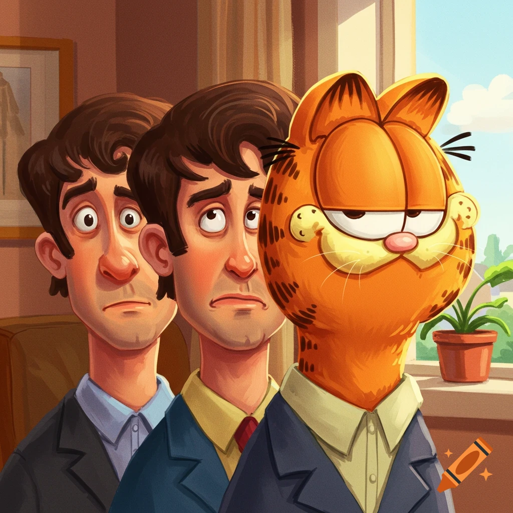 Two worried men looking at a large Garfield cat head on Craiyon