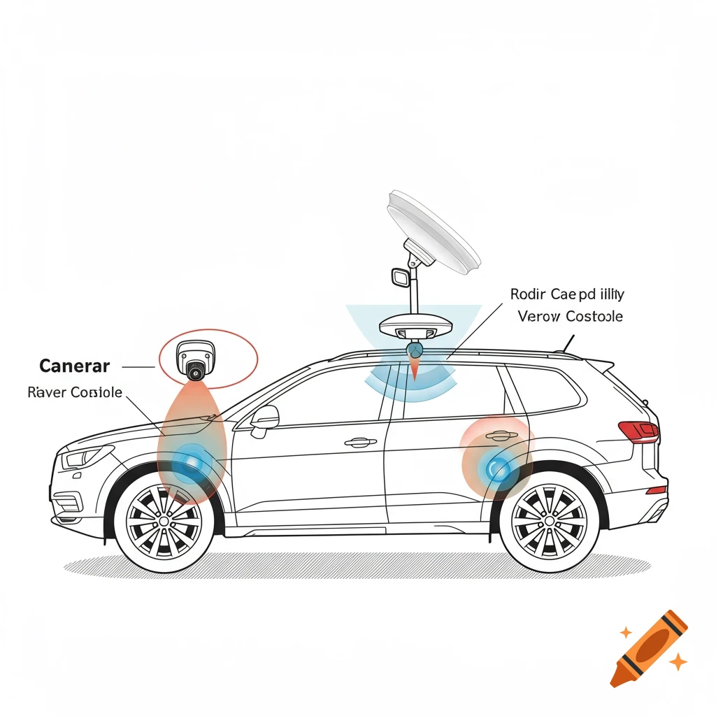 SUV outline with camera and radar sensor positions and fields of view ...