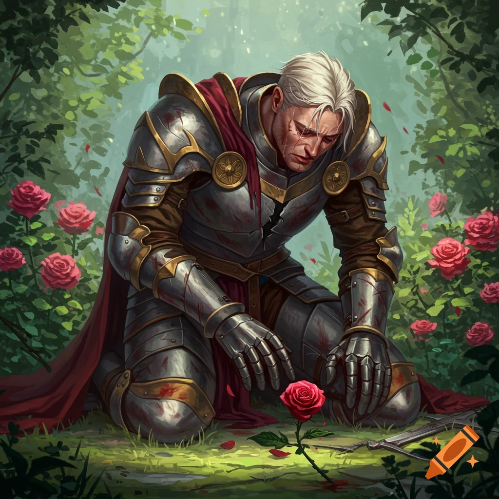 Defeated warrior in a garden with a rose on Craiyon