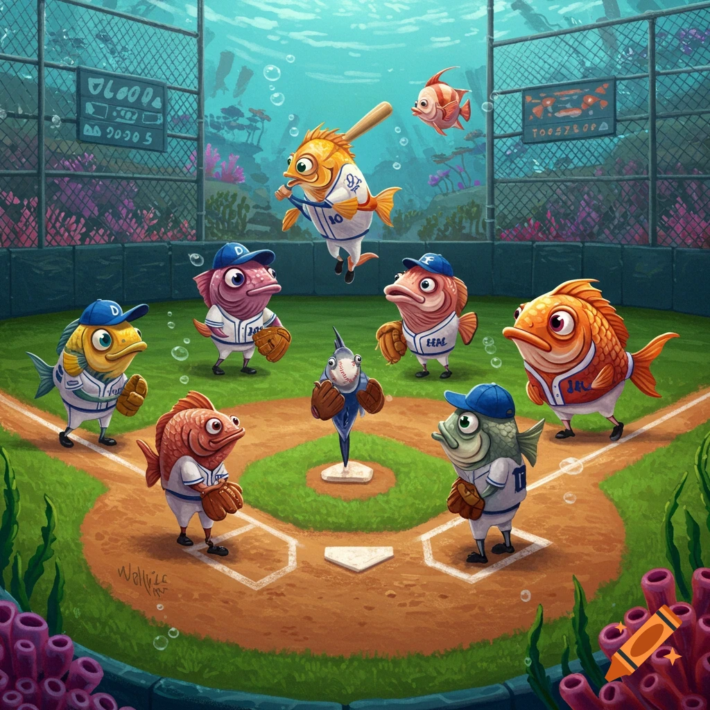 Cartoon fish wearing baseball uniforms play ball on an underwater field ...