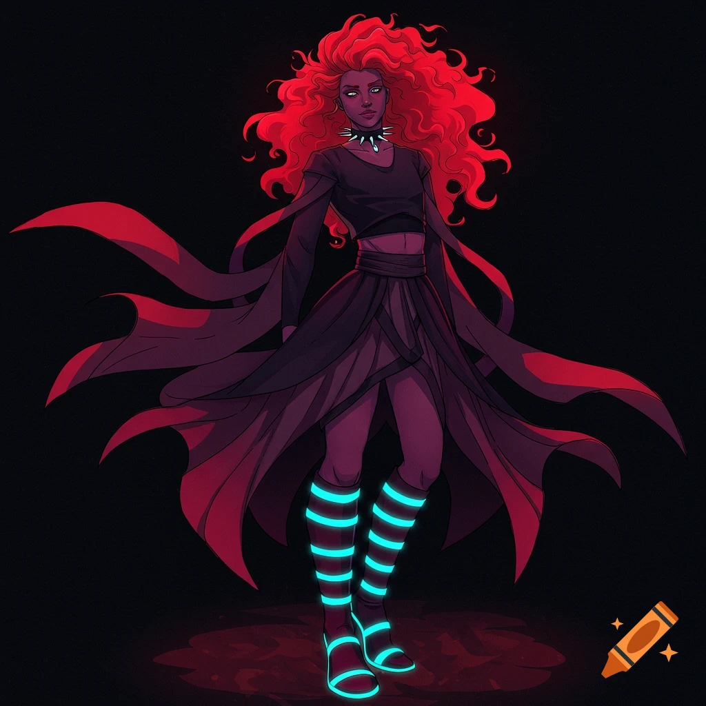 Woman with fire hair, crop top, cape skirt, and glowing stripes on Craiyon