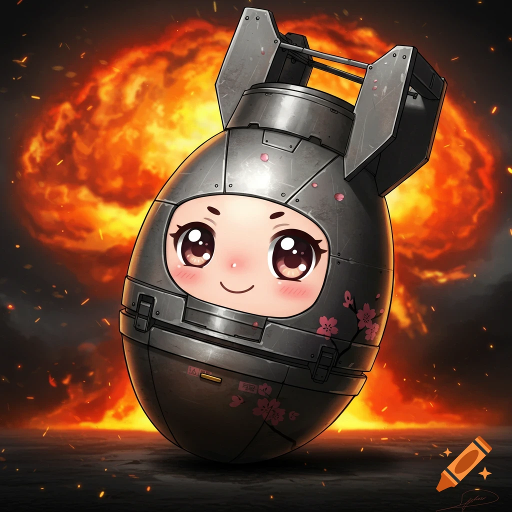 Cute cartoon nuclear bomb with an anime face in front of an explosion ...