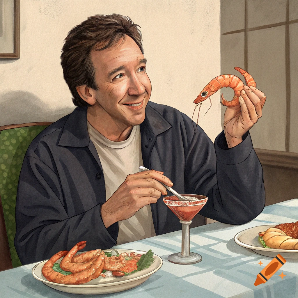 Man holding a shrimp at a table, illustration. on Craiyon