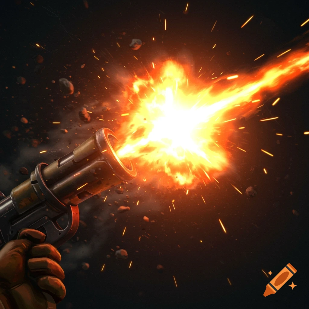 A hand holding a gun firing a large muzzle flash in space. on Craiyon