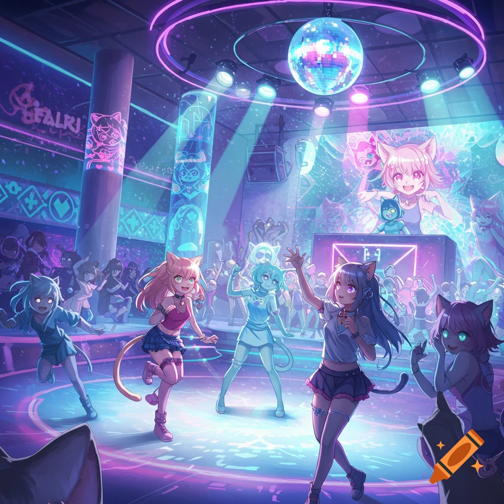 Anime cat girls dancing in a vibrant, futuristic nightclub with neon ...