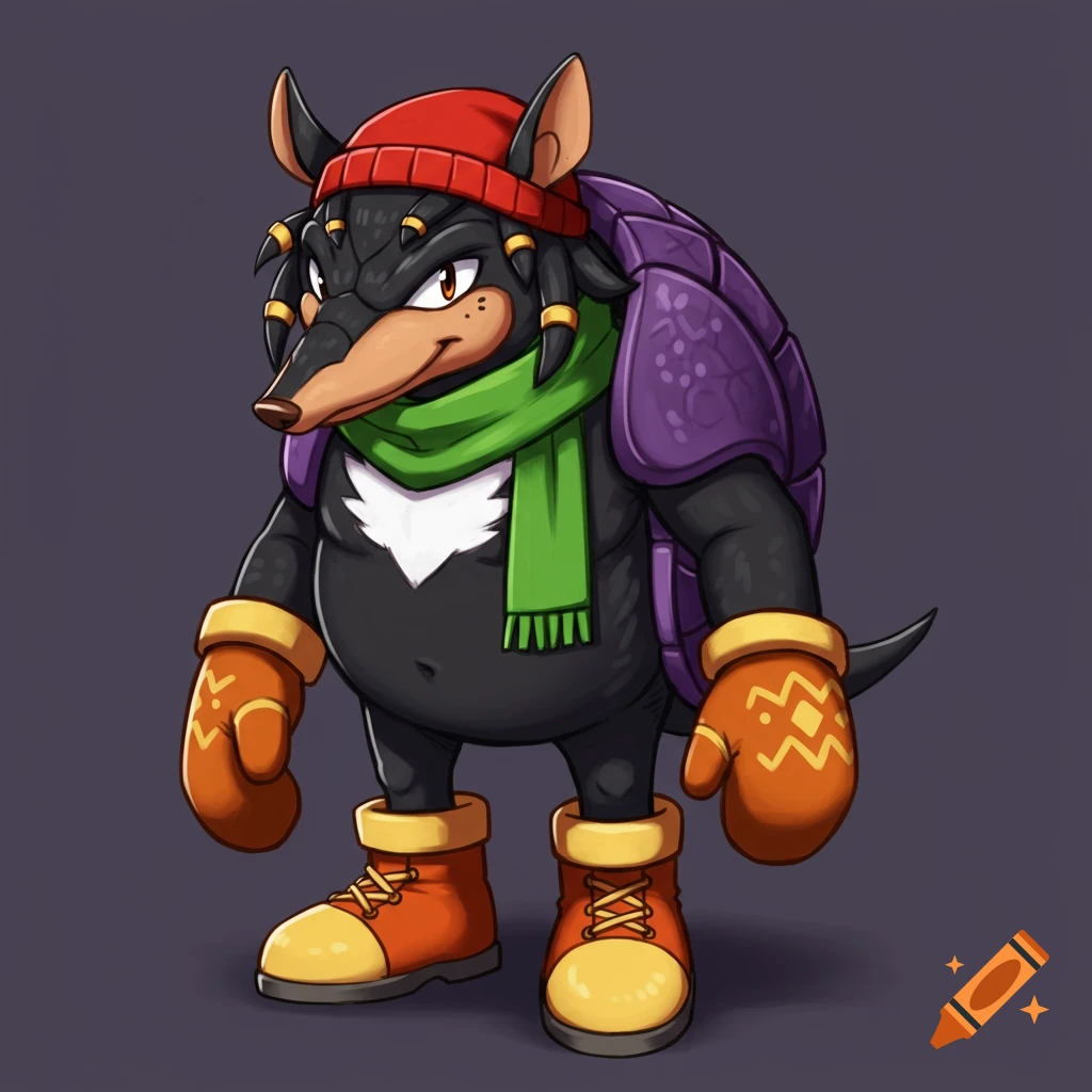 Sonic OC armadillo with black fur, purple shell, green scarf, and red ...