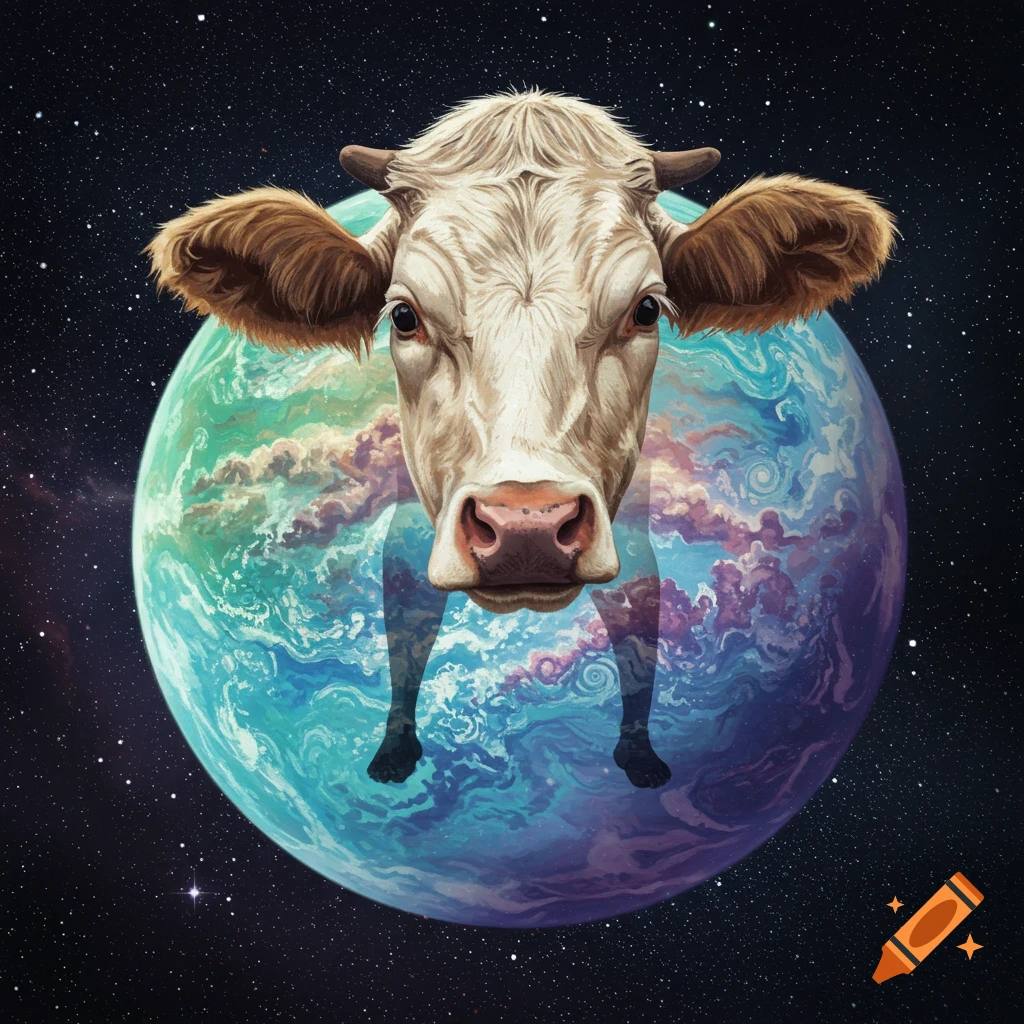 A cow's head on a planet's body with human feet floating in space. on ...