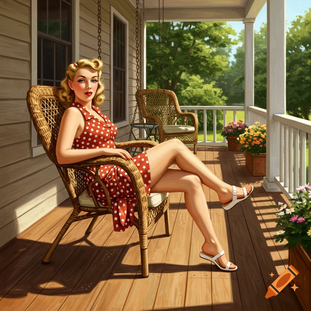 A blonde woman in a red polka dot dress sits in a wicker chair on a porch on Craiyon