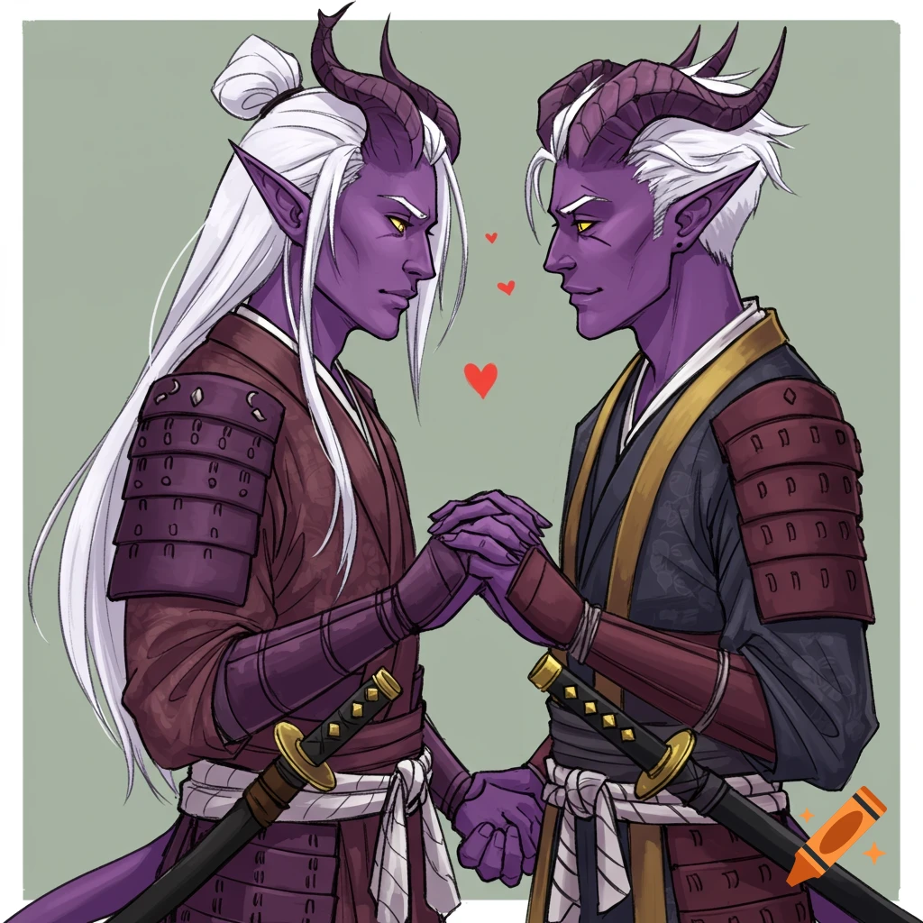 Two male tieflings in samurai gear holding hands, anime style, gazing ...