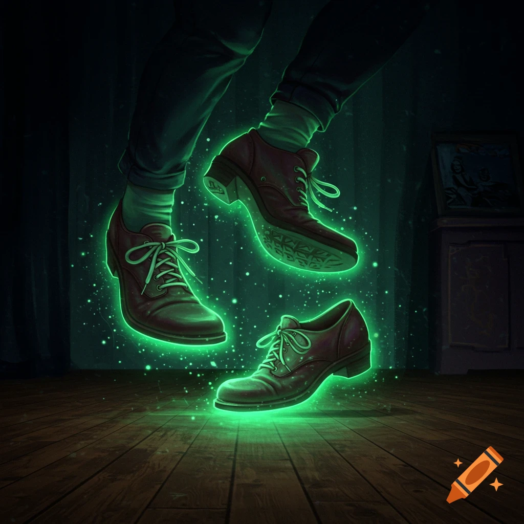 Glowing enchanted shoes dancing autonomously on Craiyon
