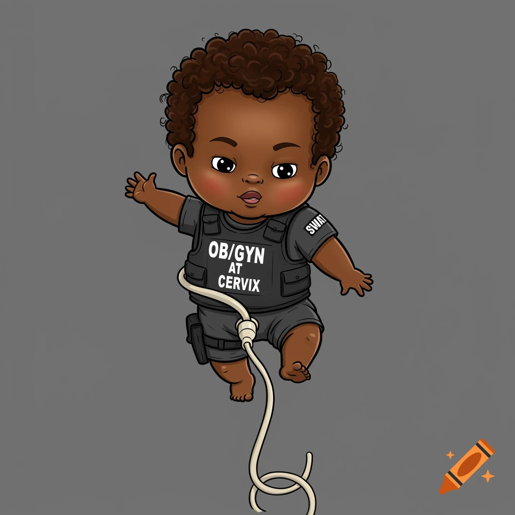 Cartoon baby in a swat vest repelling down an umbilical cord. on Craiyon