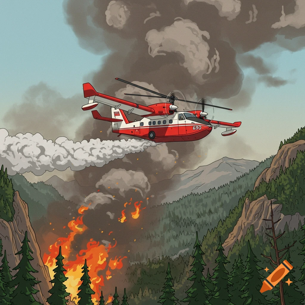 Cartoon Twin Commander 690 firefighting over mountains on Craiyon