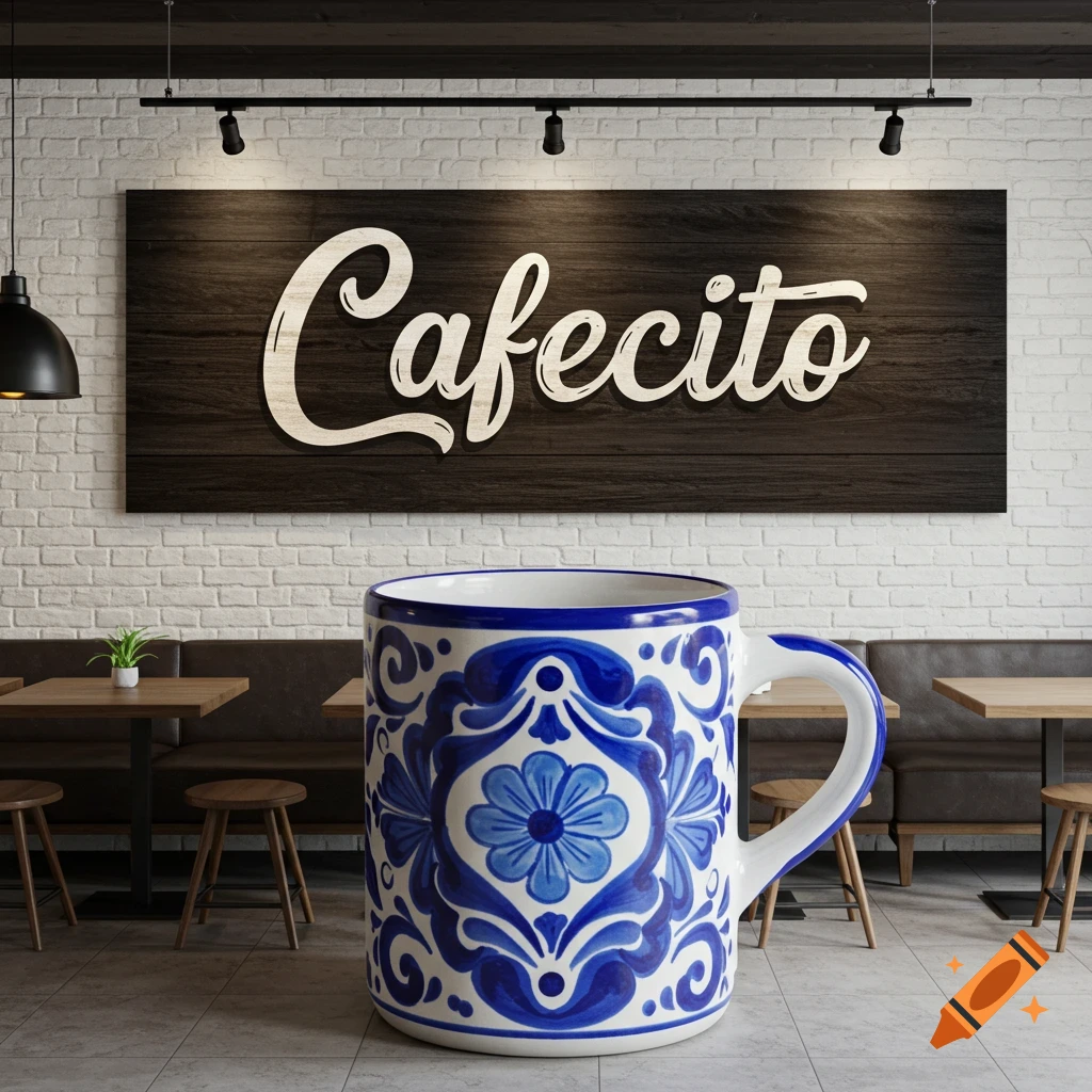 Mexican style coffee mug in modern Spanish themed shop with 'cafecito ...