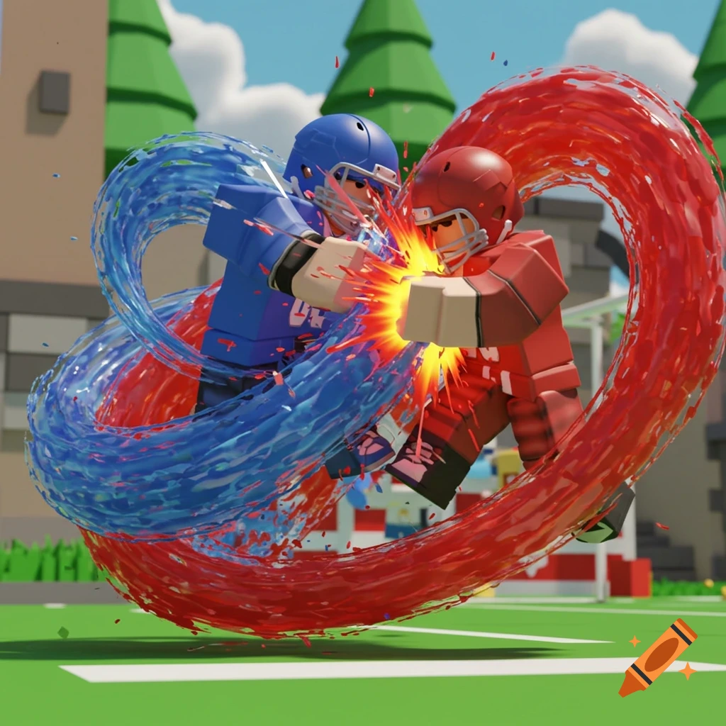 Two stylized blocky football players clash, surrounded by swirling red ...